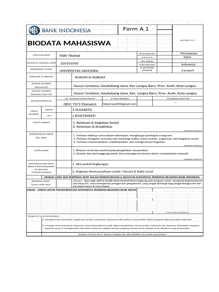 Biodata Mahasiswa Beasiswa Bank Indonesia | PDF