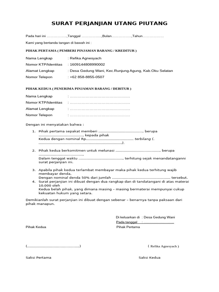 Surat Perjanjian Utang Piutang Resmi | PDF