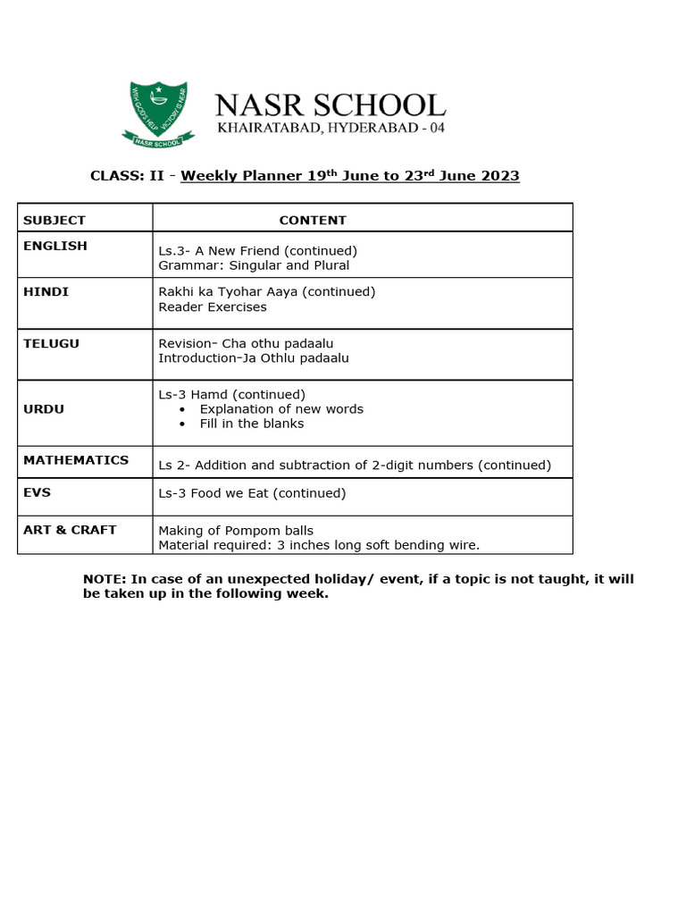 Weekly Planner: Class II (June 19-23) | PDF