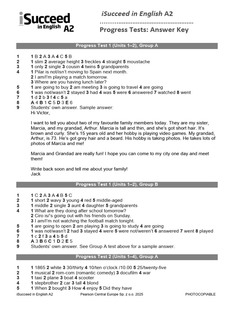 iSucceed in English A2 Progress Tests Answer Key | PDF