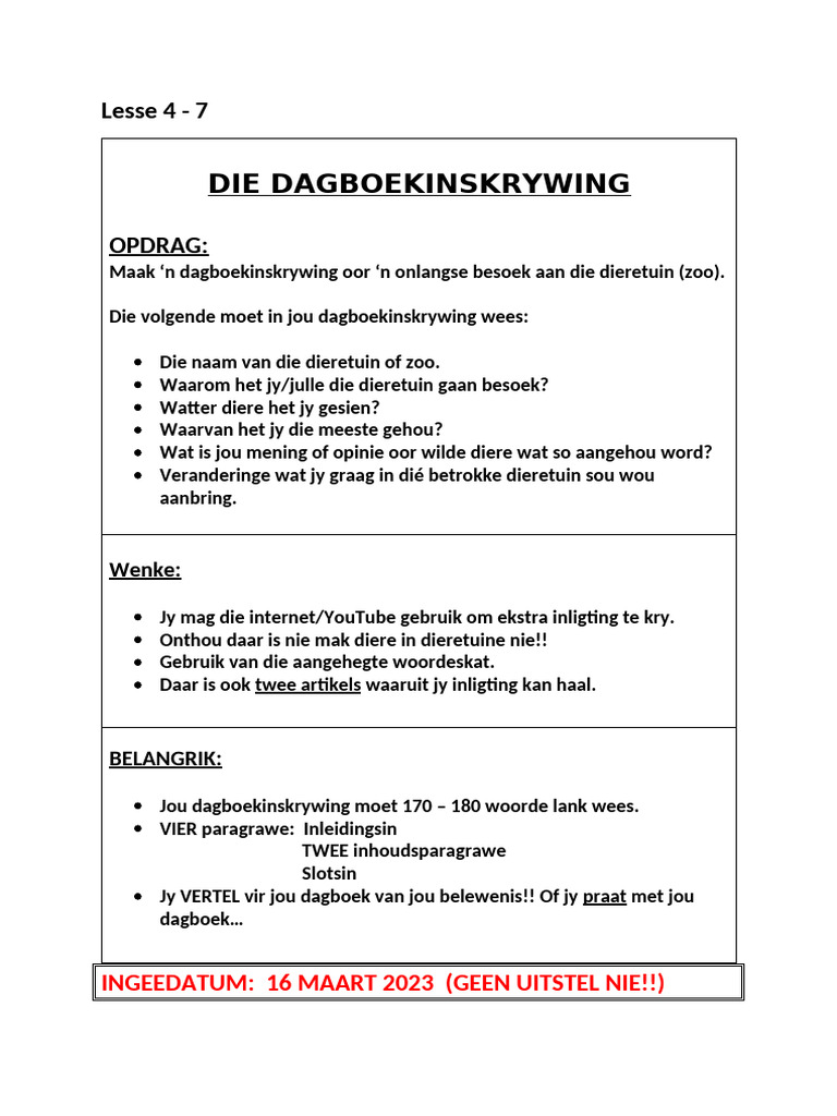 5.1 Opdrag Dagboekinskrywing Graad 10 | PDF