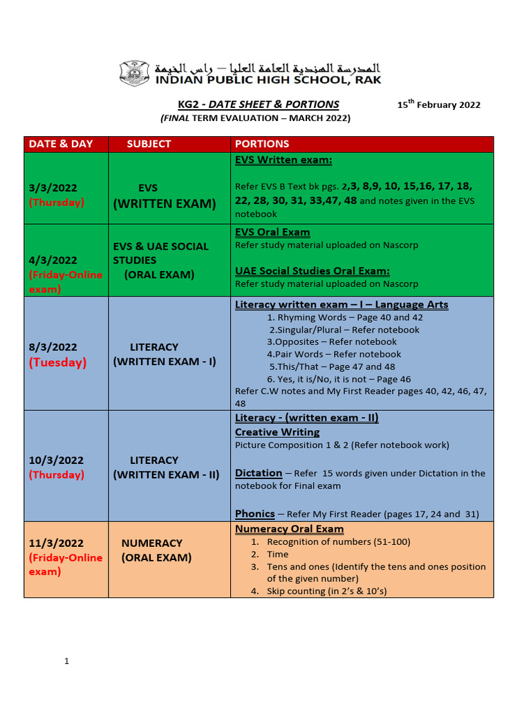 KG 2 Date Sheet Portion Sheet Final Term Evaluation March 2022 | PDF ...