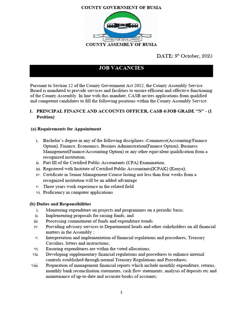 Busia County Assembly Job Vacancies | PDF | Certified Public Accountant ...