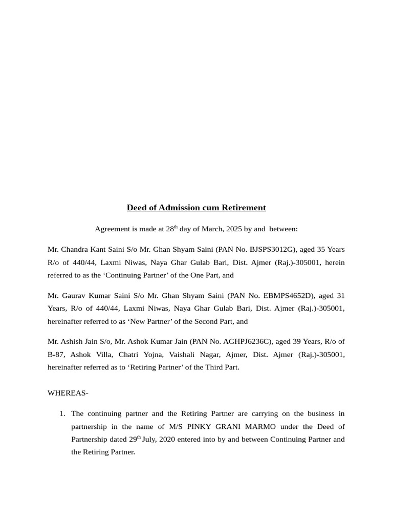 Deed of Admission and Retirement Agreement | PDF | Partnership | Business