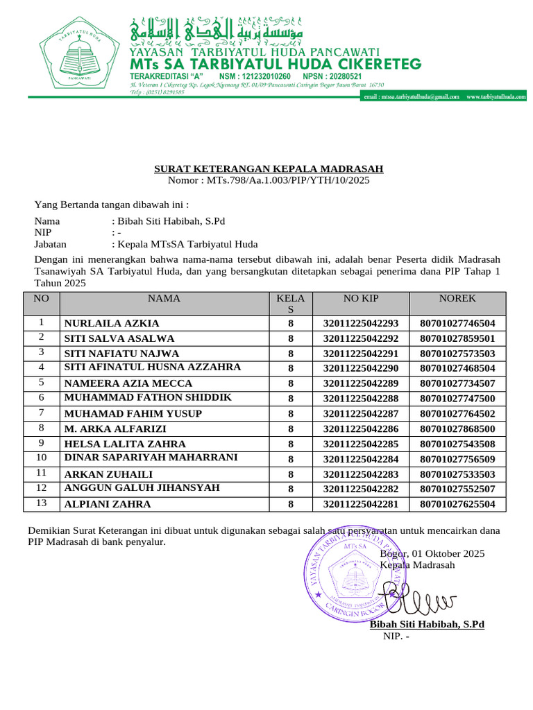 Contoh Surat Keterangan Penerima PIP Tahun 2025 BANK BRI | PDF