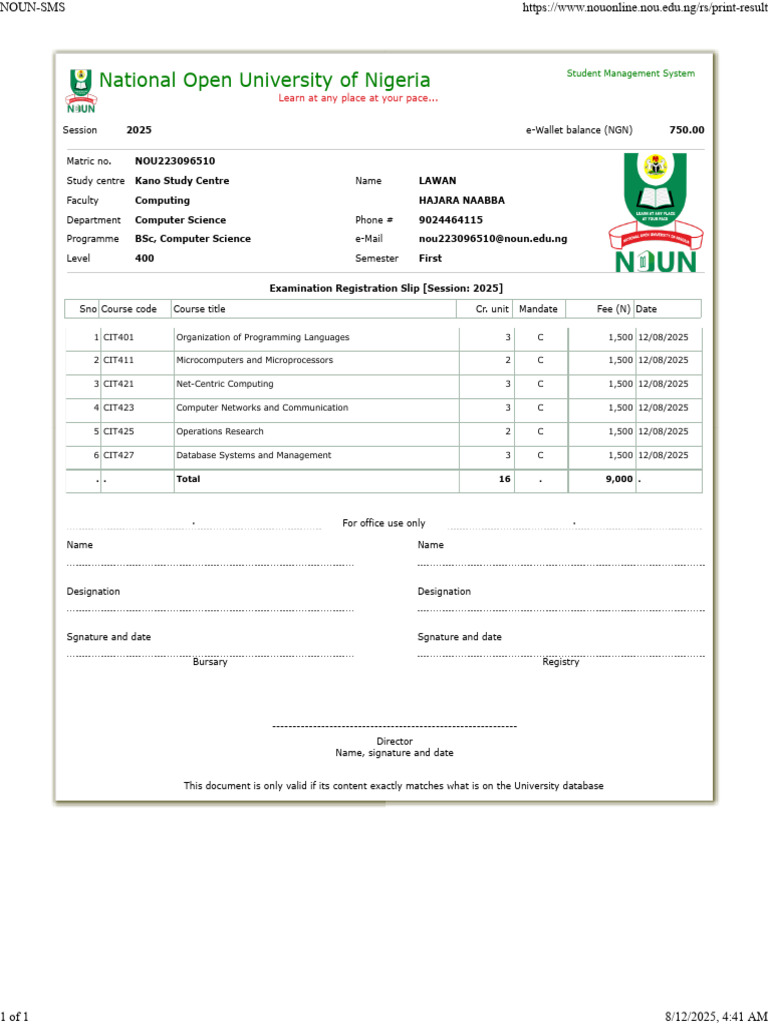 2025 NOUN Examination Registration Slip | PDF | Computer Science ...