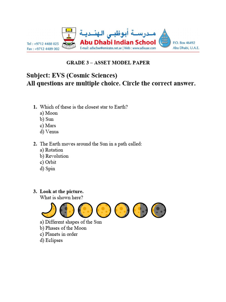 Grade 3 EVS Cosmic Sciences Quiz | PDF | Moon | Rotation