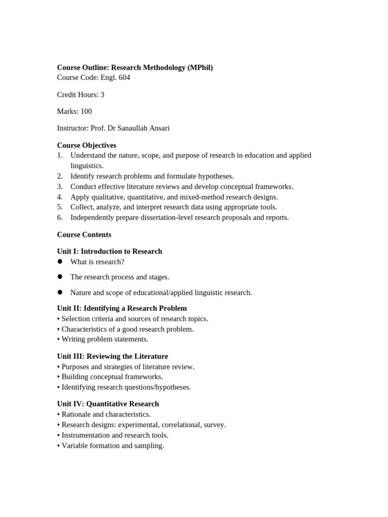 Research Methodology Course Outline | PDF | Methodology | Statistics