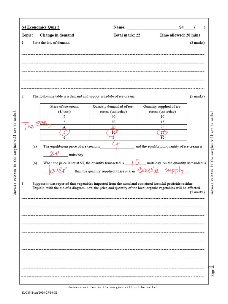 S4 Economics Quiz 3: Demand Changes | PDF | Demand | Economic Equilibrium