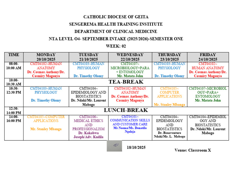 CMT Time Table Week 20-24.10.2025 | PDF | Medicine | Health Care