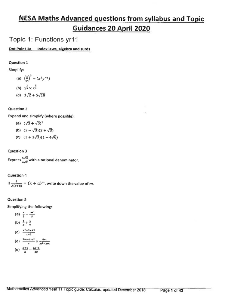NESA Year 12 Advanced Maths - Exemplar Questions and Answers | PDF
