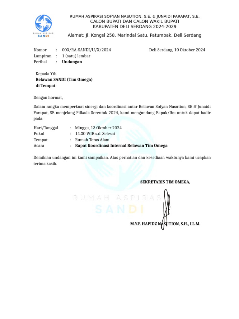 Undangan Rapat Koordinasi Relawan SANDI - Tim Omega | PDF
