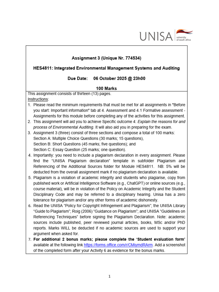 Environmental Management Assignment Guide | PDF | Audit | Plagiarism
