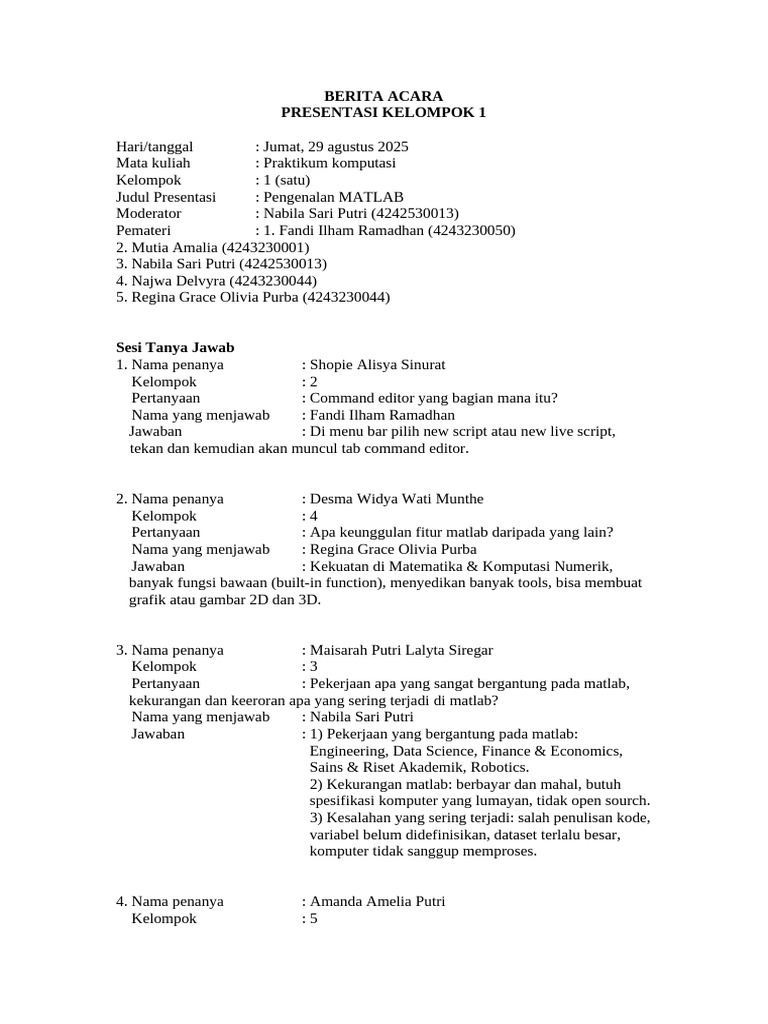 Berita Acara Presentasi Kelompok 1 | PDF