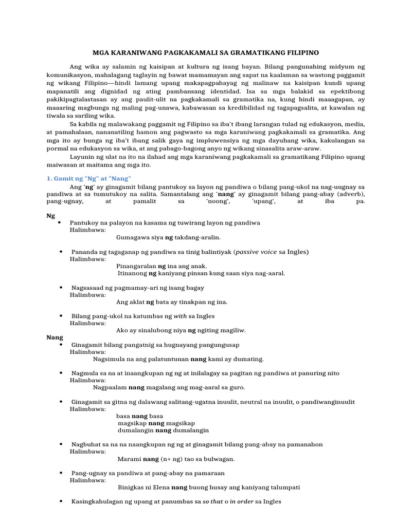 Mga Karaniwang Pagkakamali Sa Gramatikang Filipino - 1 | PDF