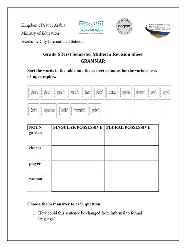 Grade 6 Midterm Revision Guide | PDF