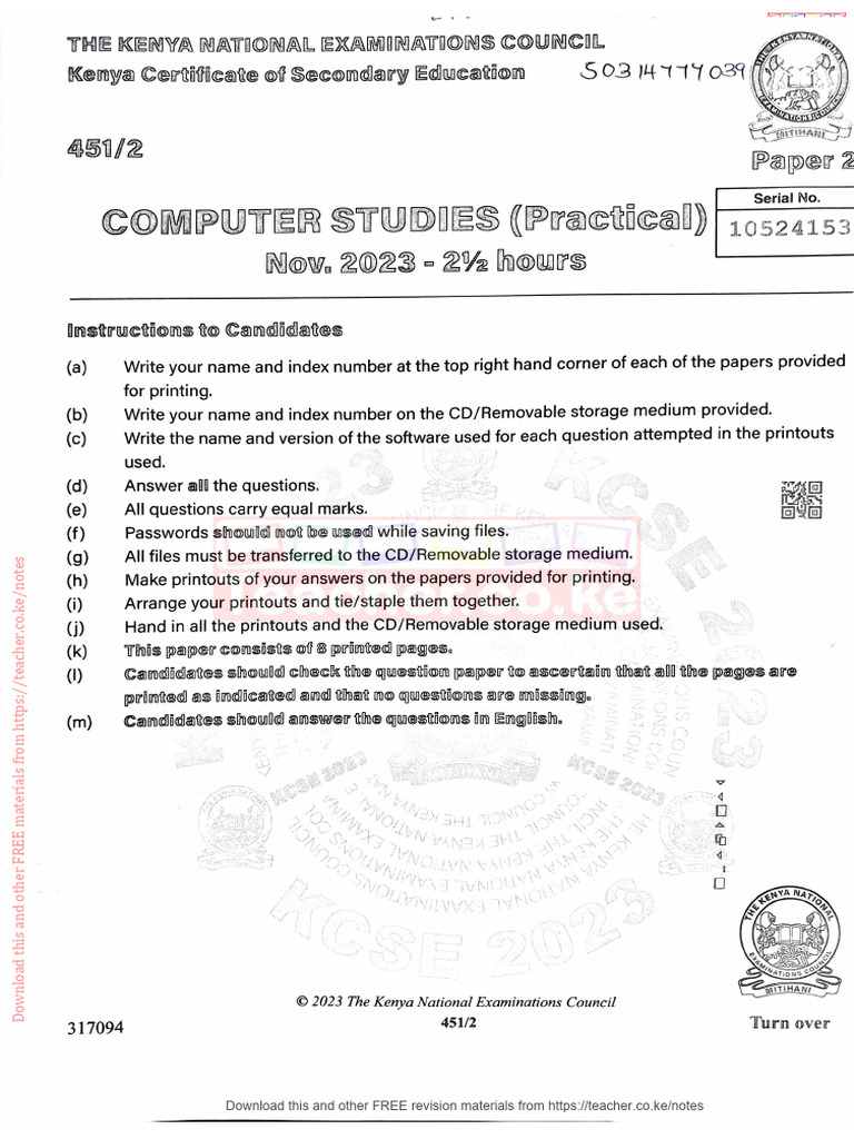 Computers Studies Pp2 Kcse 2023 Teacher - Co .Ke | PDF