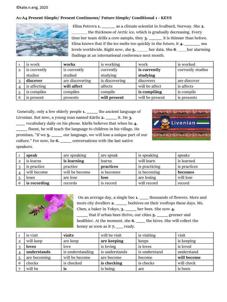 A1_A4_Present_Simple,_Present_Continuous,_Future_Simple,_Conditional KEYS | PDF | Beehive | Hobbies