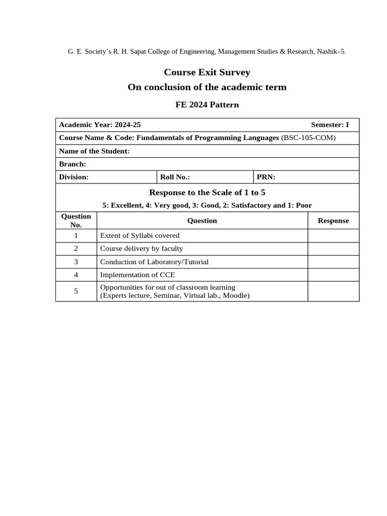 Fundamentals of Programming Languages Course Exit Survey 2024-25 | PDF