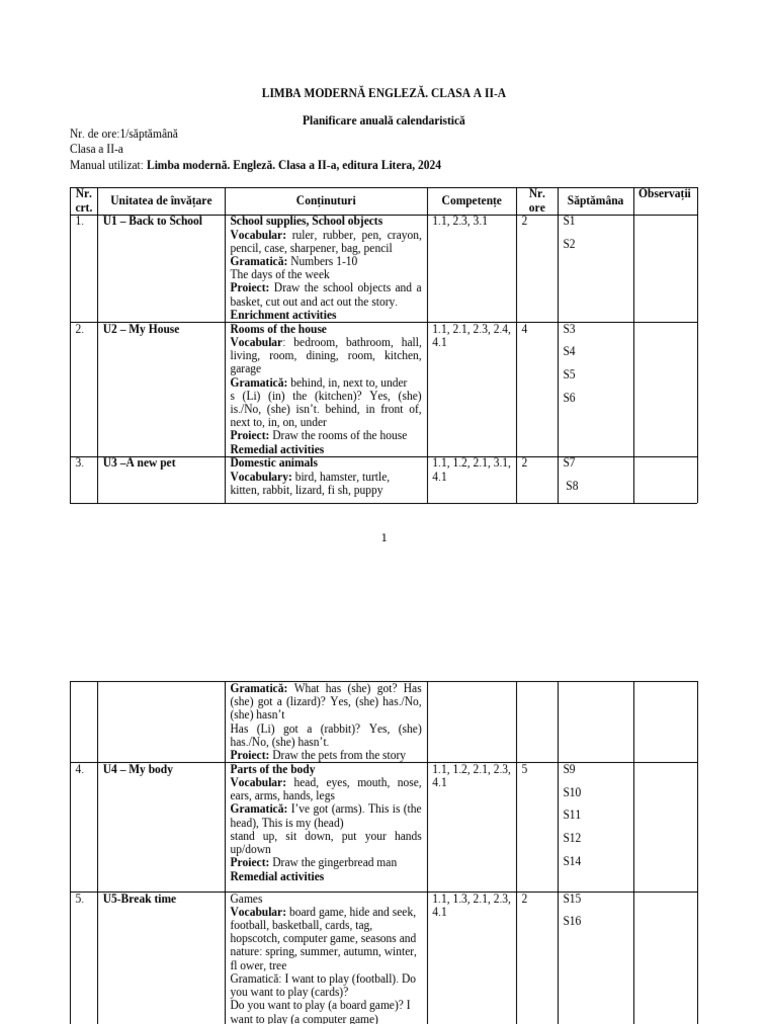 Planificare Engleză Clasa II Editura Litera | PDF | Foods
