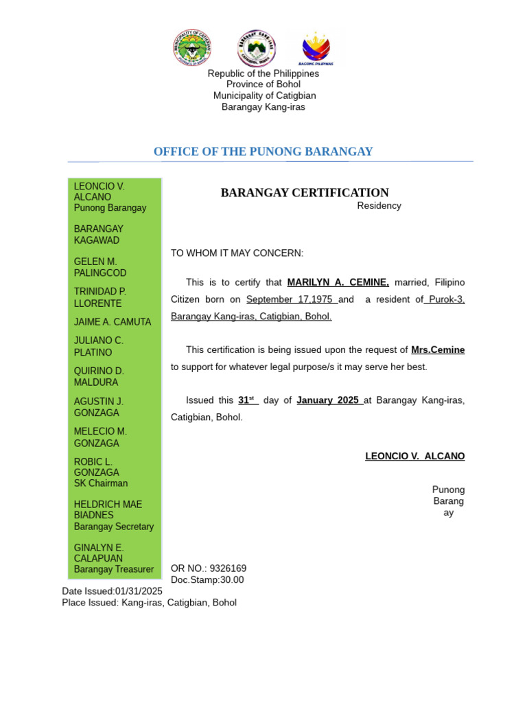 Barangay Certification Residency | PDF