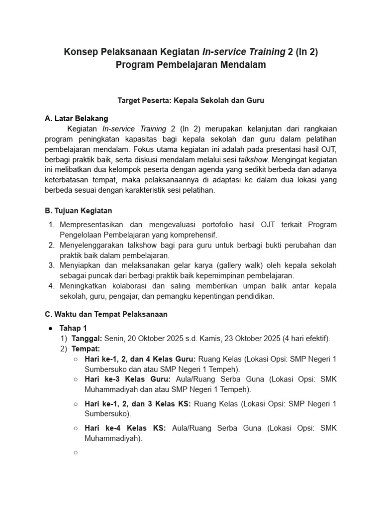 Konsep Pelaksanaan Kegiatan In-Service Training 2 (In 2) Program ...