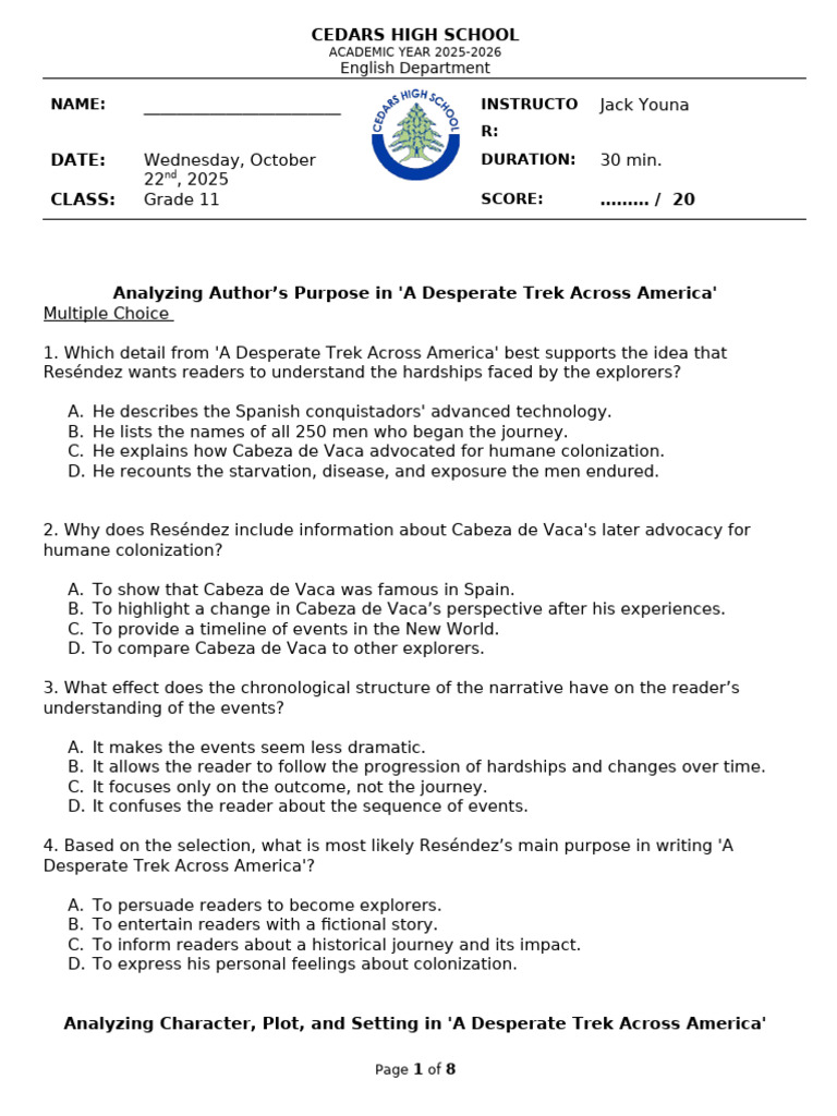 Analyzing 'A Desperate Trek' for Grade 11 | PDF | Narration | Narrative
