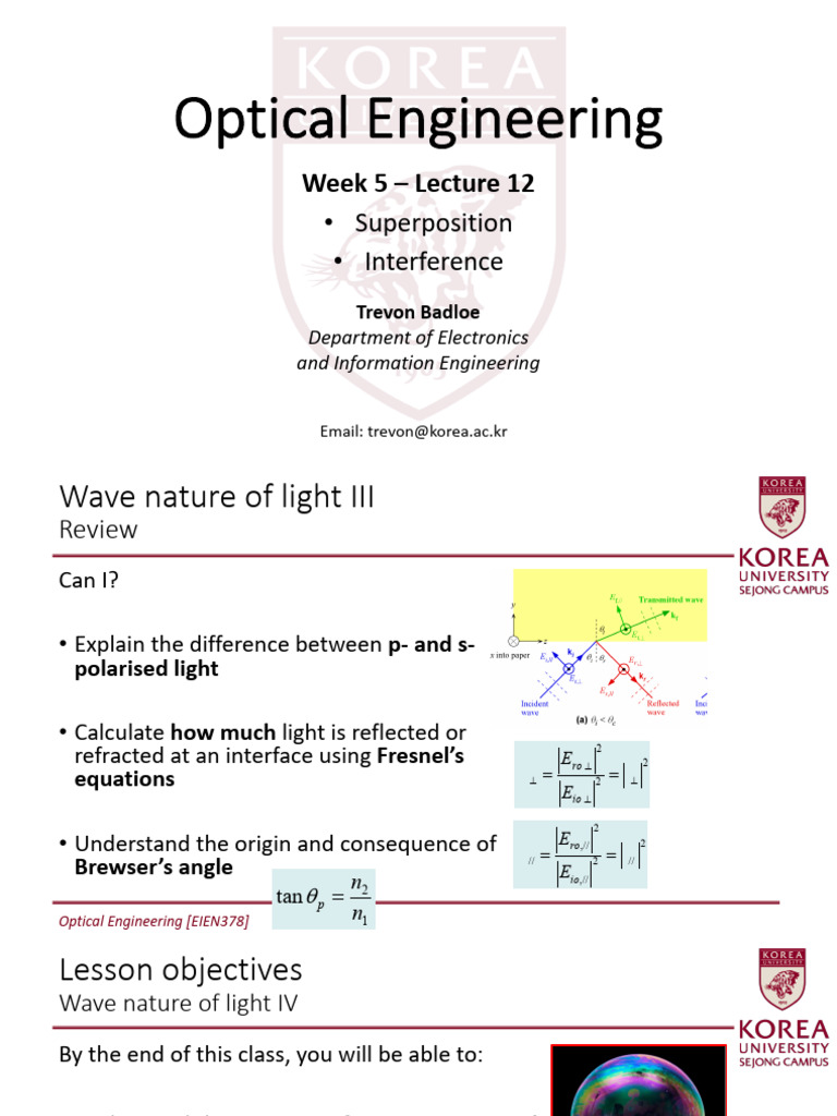 Lecture 12 (PDF) - Superposition, Interference | PDF | Light | Optics