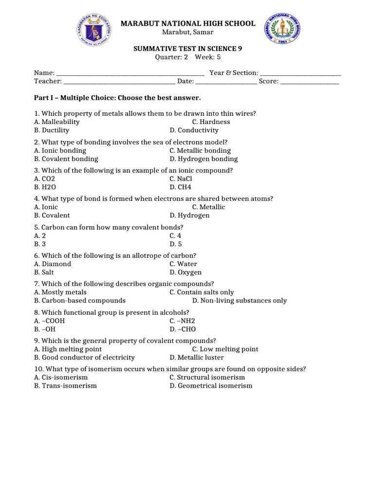 Science 9 Summative Test: Quarter 2 | PDF | Chemical Compounds ...