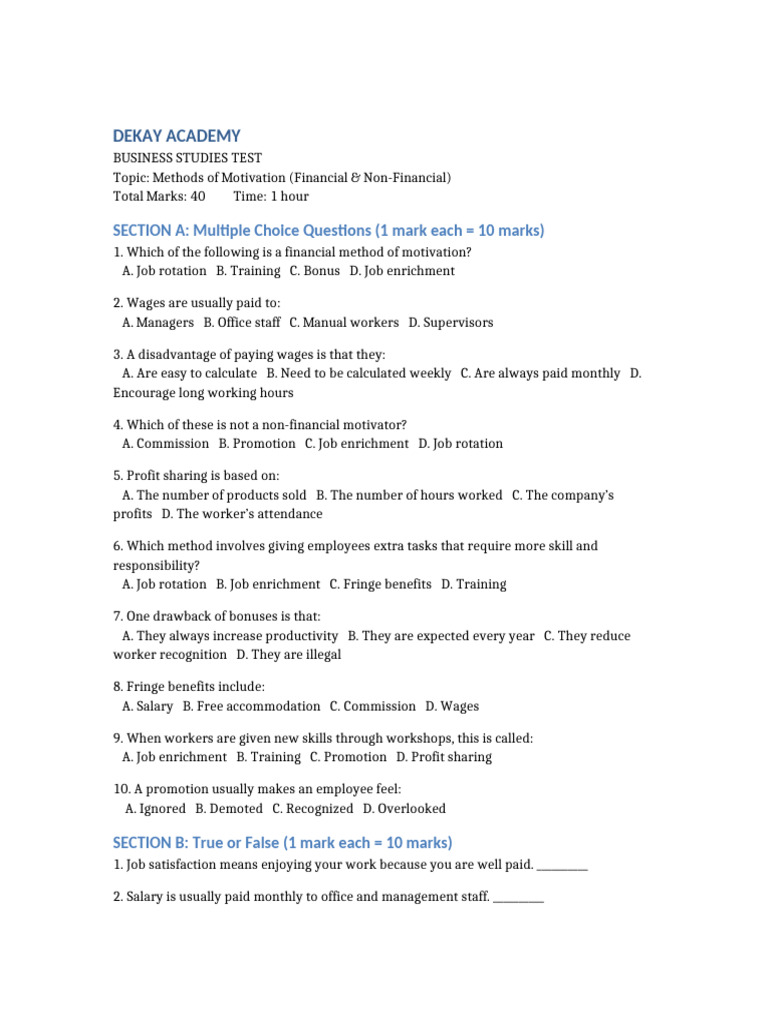 Business Studies: Motivation Methods Test | PDF | Employee Benefits ...