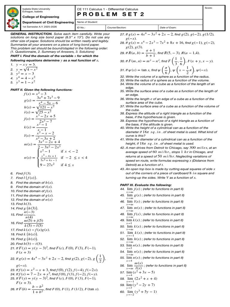 Calculus Problem Set Instructions | PDF | Area | Sphere