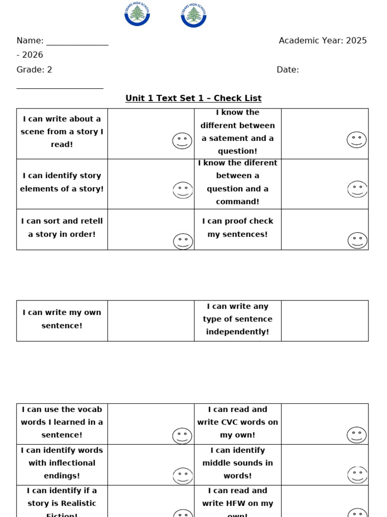 Unit 1 Text Set 1 Check List GR 2 - 18 Copies | PDF
