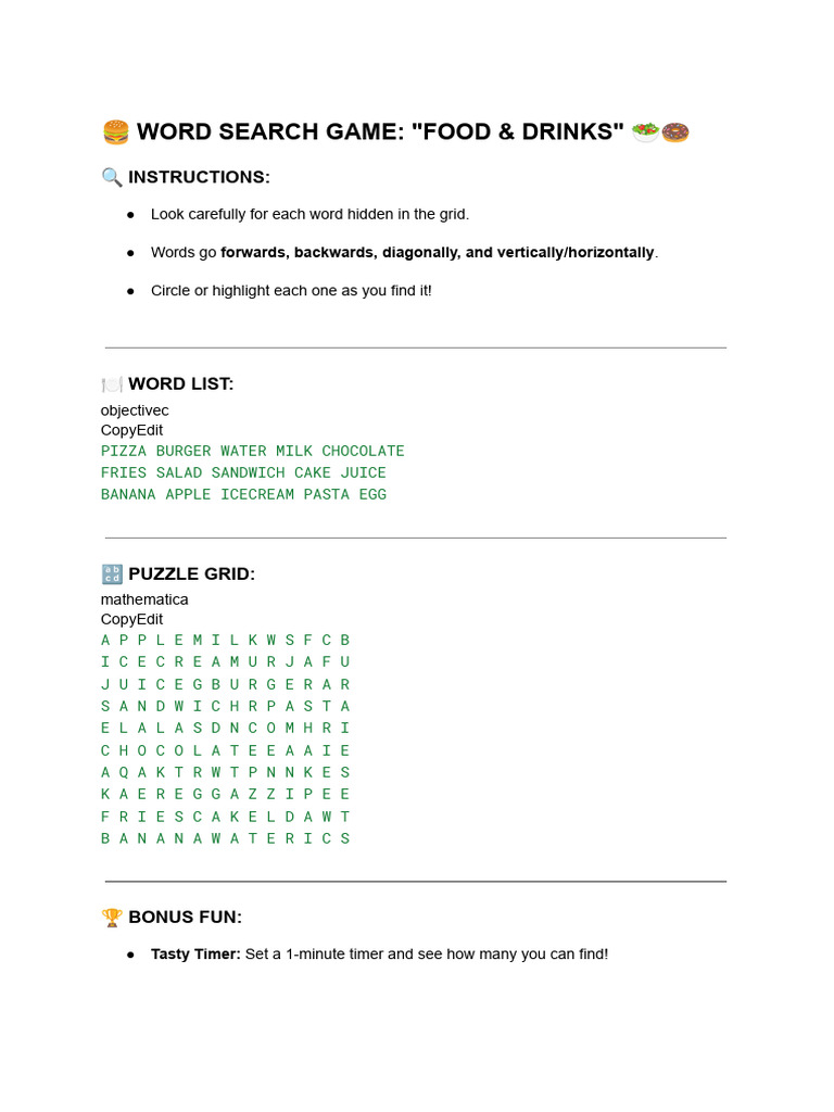 Food & Drinks Word Search Puzzle | PDF