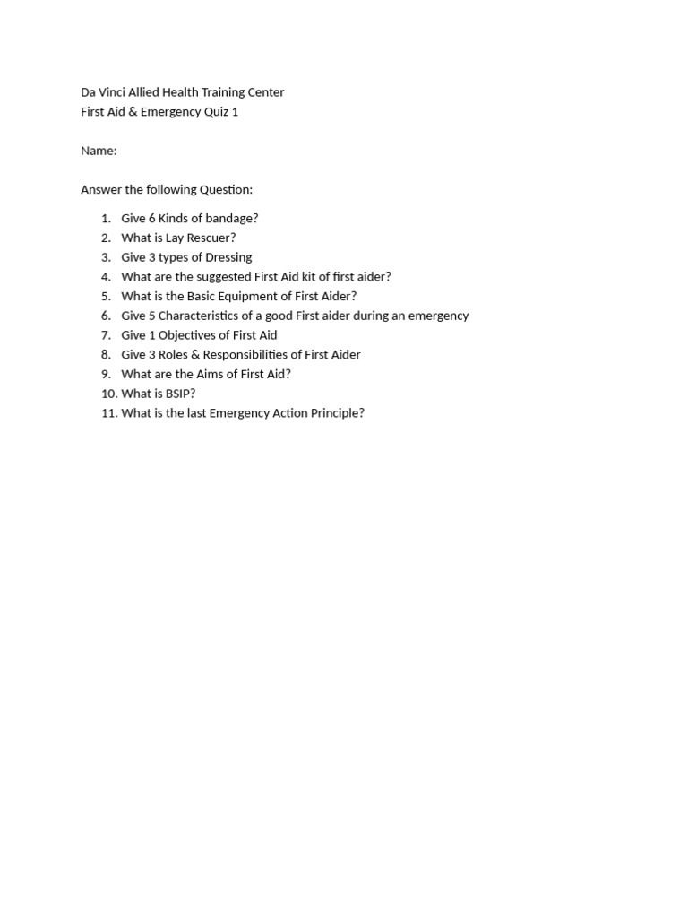 Emergency and First Aid Quiz 1 | PDF
