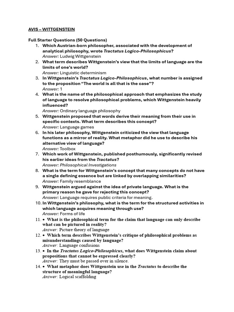 Wittgenstein Philosophy Starter Questions | PDF | Ludwig Wittgenstein ...