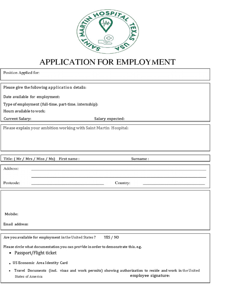 Application Form Saint Martin Hospital | PDF