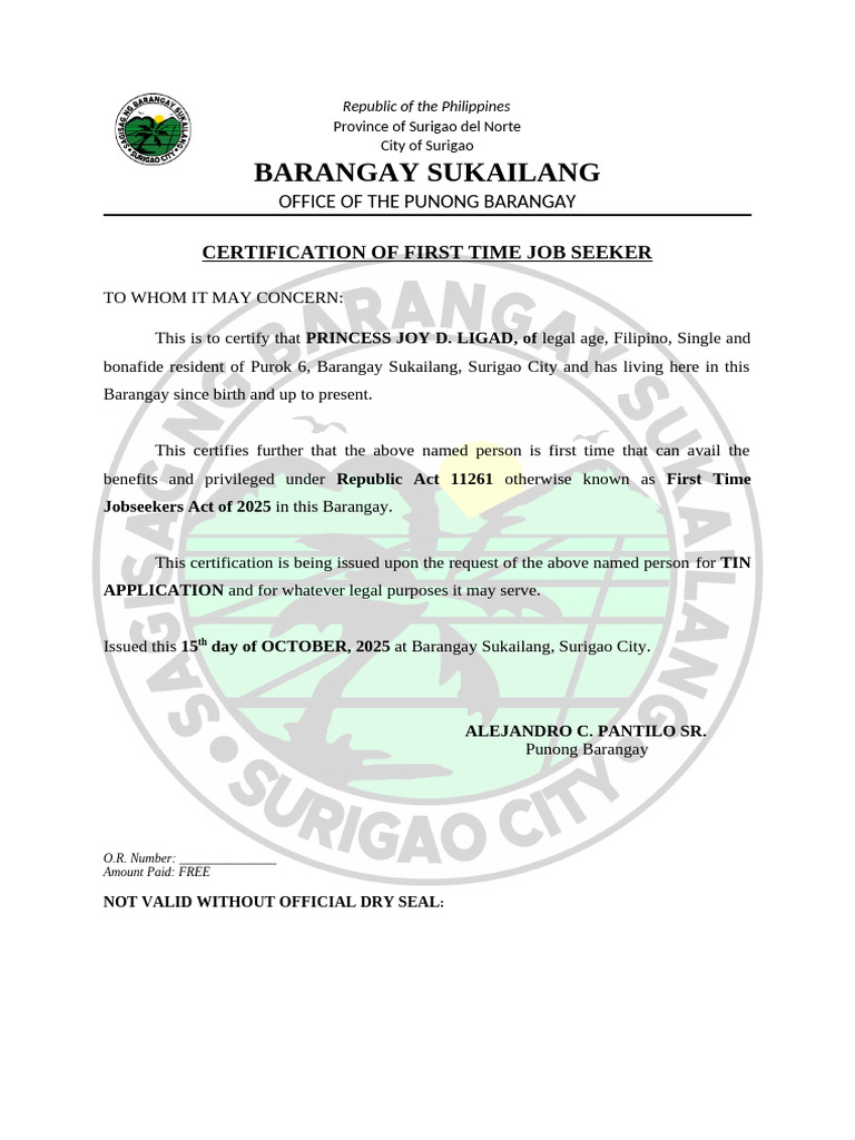 Cert. of First Time Job Seeker | PDF