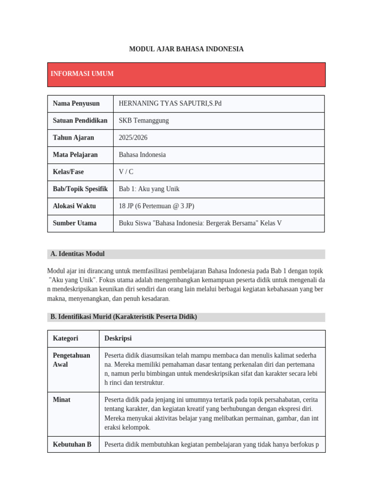 Modul Ajar B Indo - 5 - Bab 1 | PDF