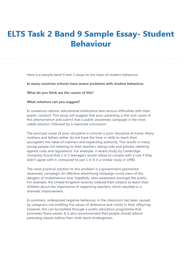 IELTS Task 2 Band 9 Sample Essay - Student Behaviour | PDF