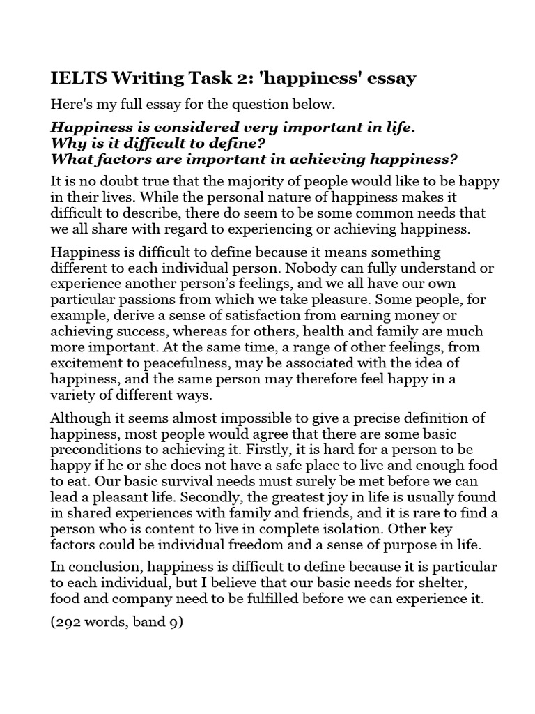 IELTS Writing Task 2 - 'Happiness' Essay - IELTS Simon | PDF