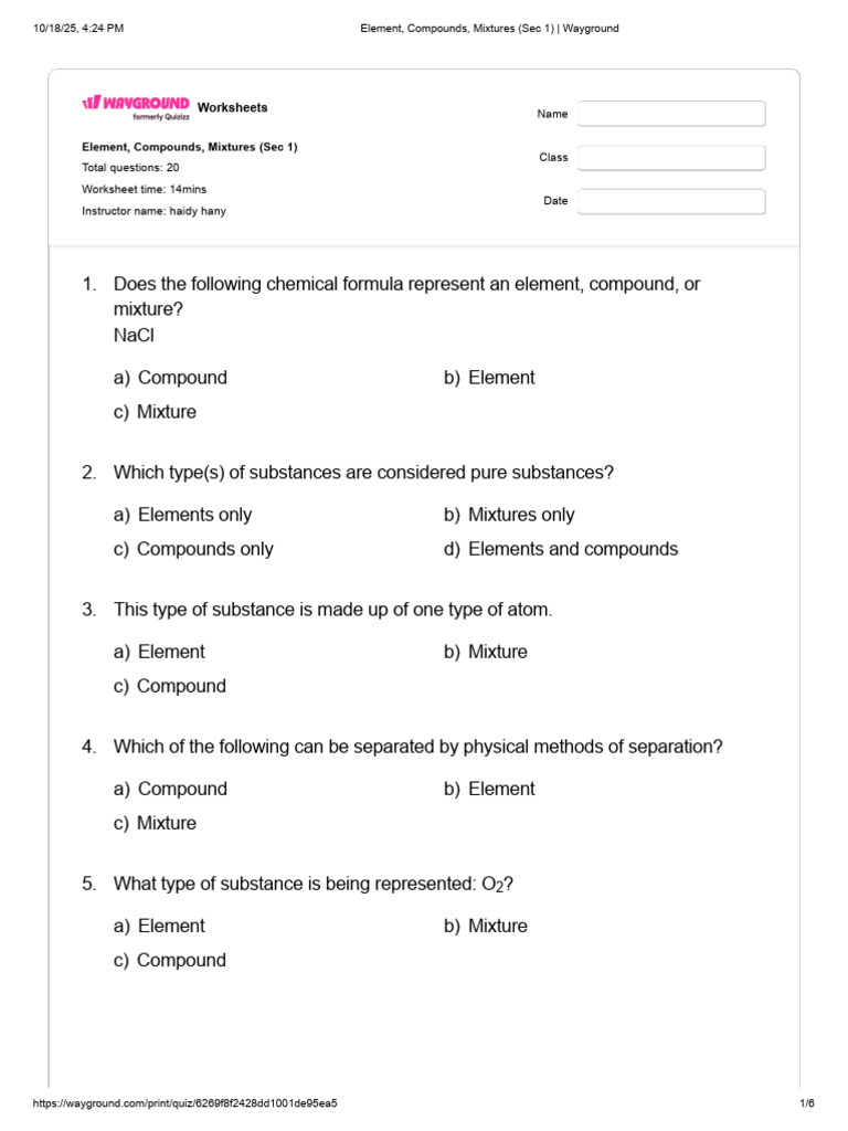 Element, Compounds, Mixtures Quiz | PDF | Chemical Substances ...