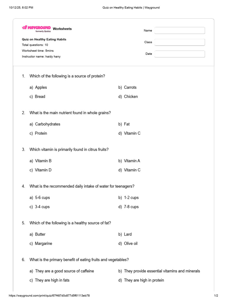 Quiz on Healthy Eating Habits _ Wayground | PDF | Healthy Diet | Vitamin