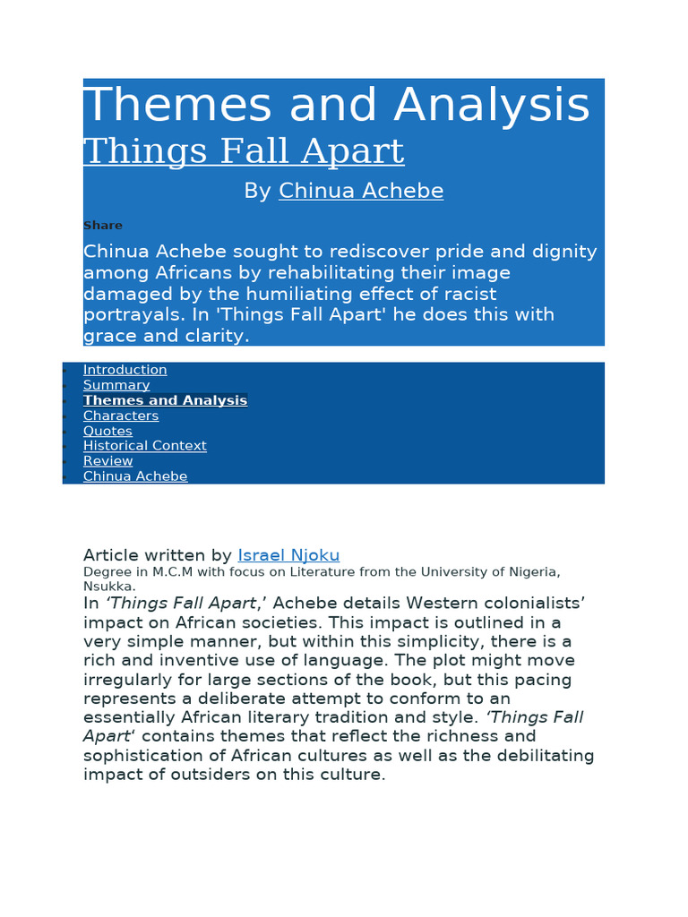 Themes and Analysis THINGS FALL APART | PDF | Gender Role | Igbo People
