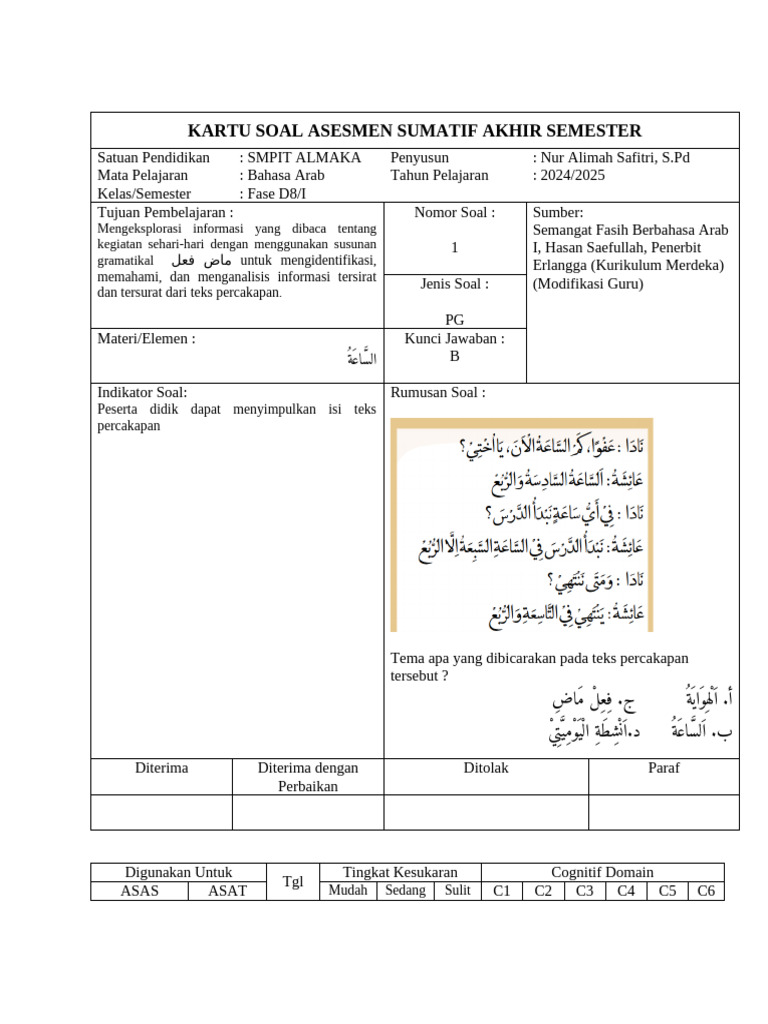 Kartu Soal Bahasa Arab SMPIT 2024 | PDF