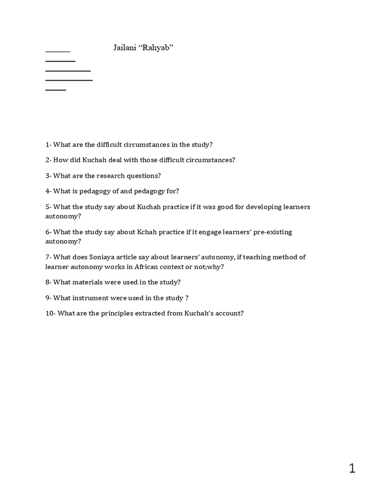 Assignment #11 - Questions of Pedagogy Autonomy For Difficult ...