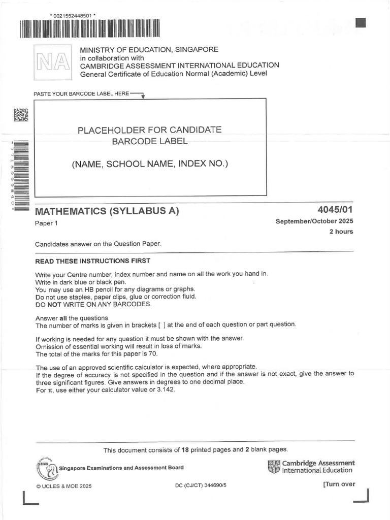 2025 NA Level Maths Paper 1 | PDF