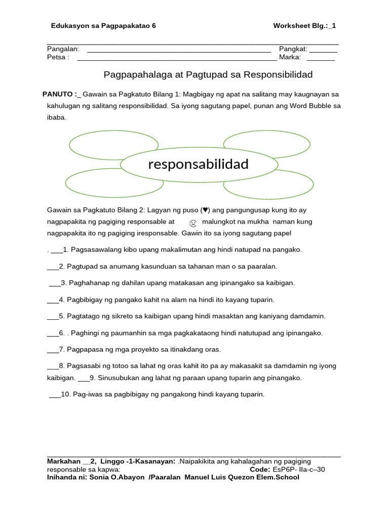 WORKSHEET# 1-EsP-SECOND QUARTER | PDF
