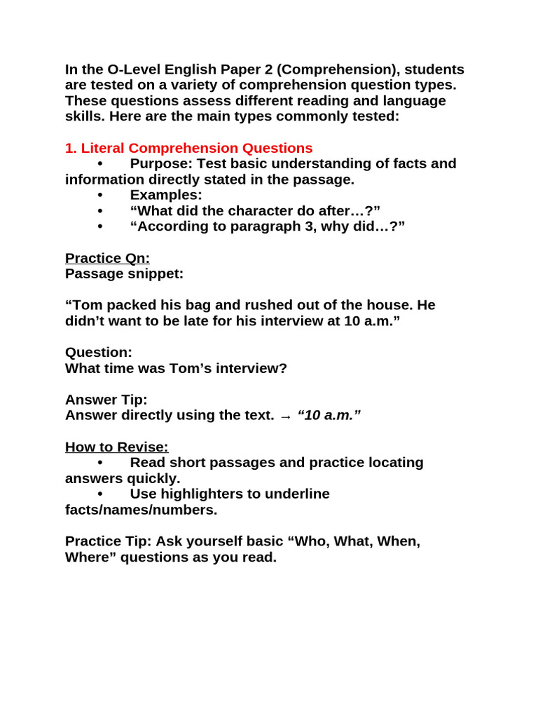 O Level English Comprehension Format | PDF | Reading Comprehension ...