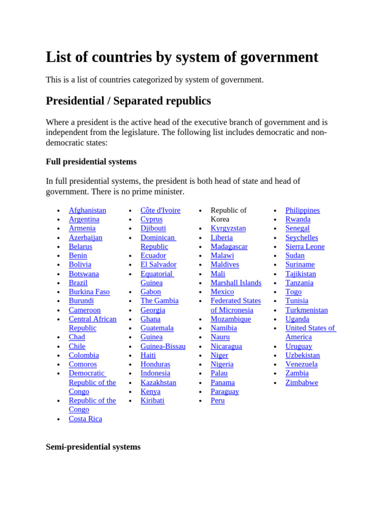 Countries by Government System | PDF | Monarchy | Monarch