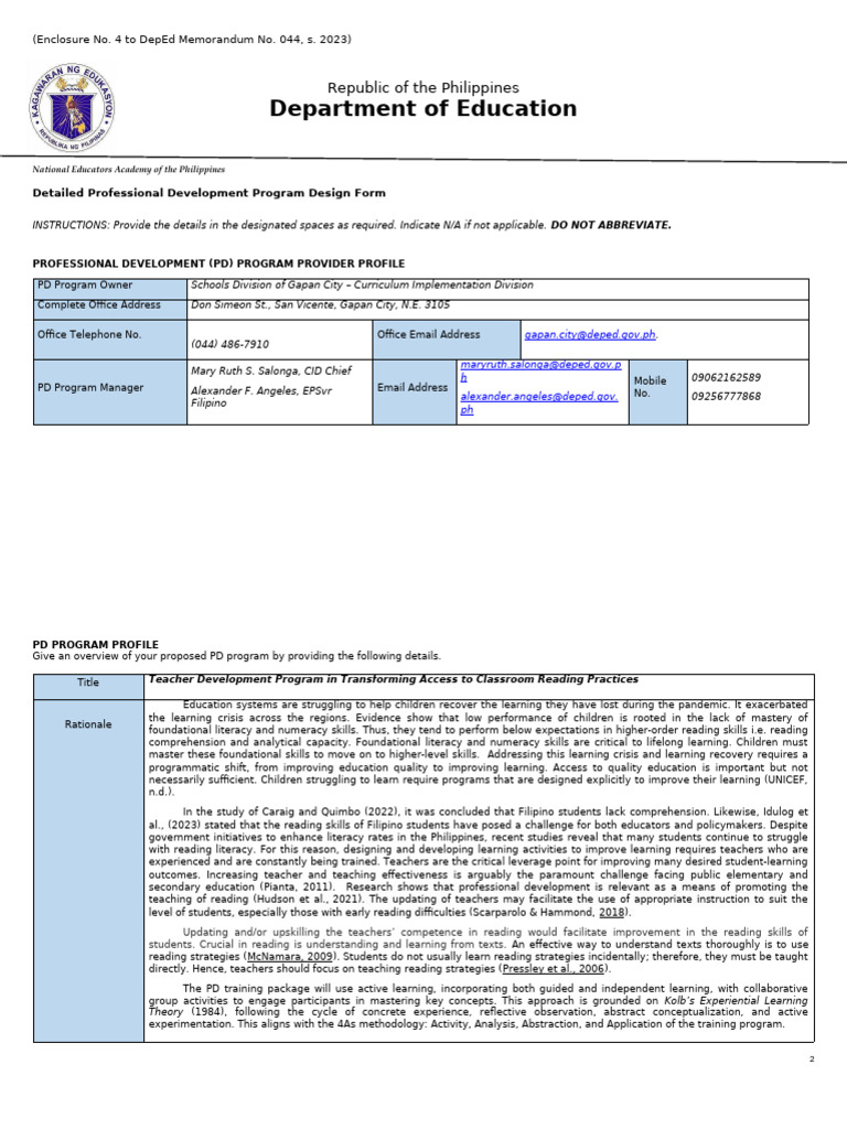 Detailed PD Program Design and ME Plan | PDF | Reading Comprehension | Educational Assessment